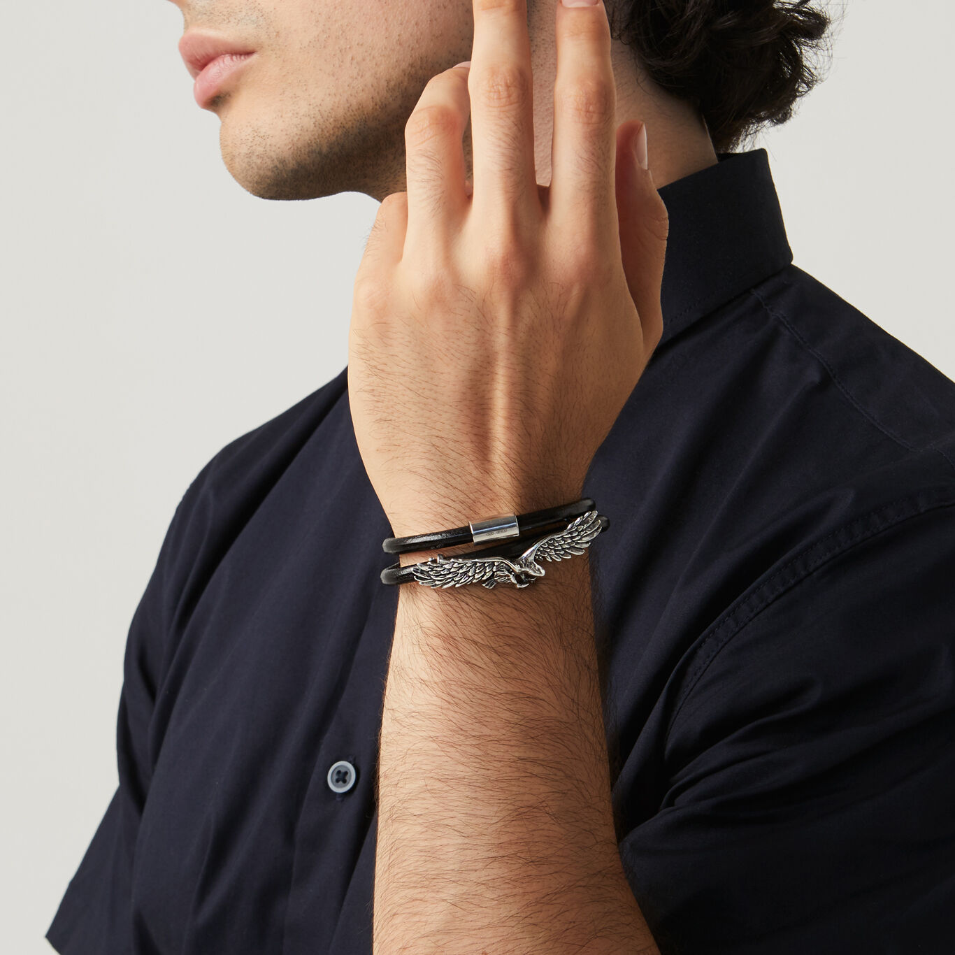 Eagle Jason Bracelet in Sterling Silver and Black leather | Giovanni Raspini